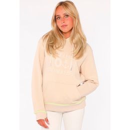 Hoodie Zwillingsherz "Strandleben Moin", Damen, Gr. L, beige, Sweatware, Obermaterial: 50% Baumwolle, 50% Polyester, unifarben mit Farbeinsatz, regular fit normal, hoch geschlossener Ausschnitt, angesetztes B&uuml;ndchen, Sweatshirts Hoodie, mit gesticktem Schriftzug und neonfarbenen Akzenten