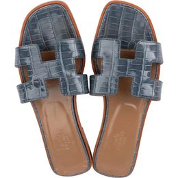 Herm&egrave;s Herm&egrave;s Sandalen - Hermes Bleu Exotic Crocodile Leather Oran Sandals - Gr. ONE_SIZE - in Blau - f&uuml;r Damen