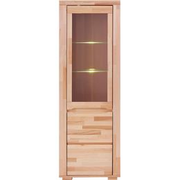 Vitrine Home Affaire "DENIS75, 5 F&auml;cher, Teilmassiv, 1 T&uuml;r mit Glaseinsatz, grifflos", beige (kernbuche teilmassiv), B:65cm H:190cm T:40cm, Holz teilmassiv, Schr&auml;nke, Vitrine, B/T/H:65/40/190cm, Einlegeboden teilwese verstellbar, Kernbuche ge&ouml;lt.