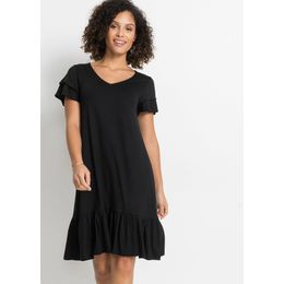 bonprix Jerseykleid mit Volant aus Viskose-Mix, schwarz, Viskose