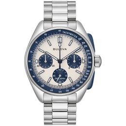 Bulova Herren Chronograph "Lunar Pilot", silber, Armbanduhren, Armbanduhr, Quarzuhr, Herrenuhr, Saphirglas, Edelstahl- & Lederarmband