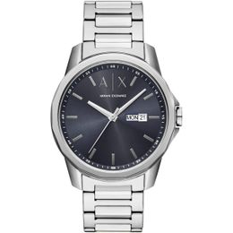 Armani Exchange Damen Quarzuhrsilberfarben, dunkelblau, Armbanduhren, Armbanduhr, Herrenuhr, Edelstahlarmband, analog, Tag, Wochentag