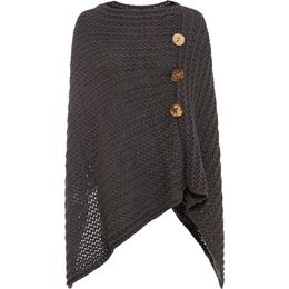 bonprix Damen Strickponcho "Poncho", grau, unifarben, Obermaterial: 50% Polyacryl, 50% Polyester, Pullover, Poncho mt Rundhals und Holzzierkn&ouml;pfen