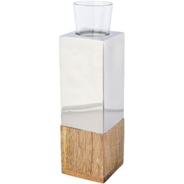 CREATIV HOME Teelichthalter "Kerzenhalter Tower", B/H/T: 8cm x 28cm x 8cm, silber, Kerzenhalter, aus Holz, Edelstahl und Glas