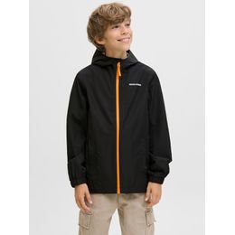 Jack & Jones Jungen Regenjacke "JJEFLYNN RAIN JACKET SN JNR", schwarz, Gr. 128, JACK & JONES JUNIOR, unifarben mit Farbeinsatz, Web, Obermaterial: 100% Polyester,
