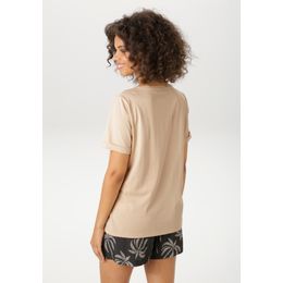 Aniston CASUAL Damen T-Shirtbeige, schwarz, Gr. 40, unifarben mit Farbeinsatz, Single Jersey, Obermaterial: 100% Baumwolle, Shirts, mit aufgestickter