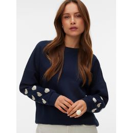 V&eacute;ro Moda Sweatshirt VERO MODA "VMKAROL BEA LS SWEAT BOX JRS GA", Damen, Gr. M, navy blazer detail:wei&szlig; emb hearts on sleeves, Sweatware, Obermaterial: 52% Baumwolle, 48% Polyester, unifarben mit Farbeinsatz, loose fit normal, Rundhals, Sweatshirts Sweatshirt, mit Blumendruck