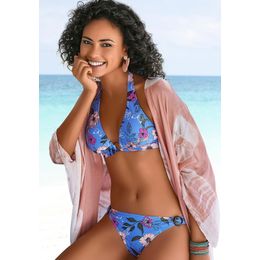 s.Oliver Damen Triangel-Bikini-Top "Maya", blau, Gr. 32, floral, Polyamid, Bikini-Oberteile, mit Ring in Horn-Optik