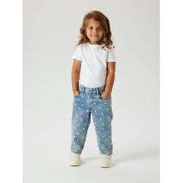 name it M&auml;dchen Mom-Jeans "NMFBELLA MOM SHAPED JEANS 3555-ON NOOS"medium blau denimaop:hearts, Gr. 86, bedruckt, Denim/Jeans, Obermaterial: 74%