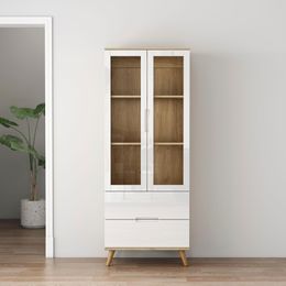 Highboard OTTO HOME "Lund", wei&szlig;, B:70cm H:180cm T:40cm, ABS-Kunststoff, FSC-zertifizierter Holzwerkstoff, MDF, Melamin, Spanplatte, Sideboards, Highboard, mit gl&auml;nzenden Fronten, Glast&uuml;ren, helles Holzdekor, Breite 70 cm