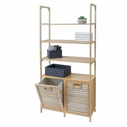 Bambus Badezimmerschrank MCW-N83, Regal Badregal Badschrank, 2 W&auml;schek&ouml;rbe 4 Regalb&ouml;den MVG-zertifiziert 168x81x33cm