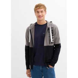 bonprix Kapuzen-Sweatjacke aus reiner Bio-Baumwolle, grau, Gr.52/54 (L), Moderne Kapuzen Sweatjacke mit Druck vorne, aus 100% Baumwolle