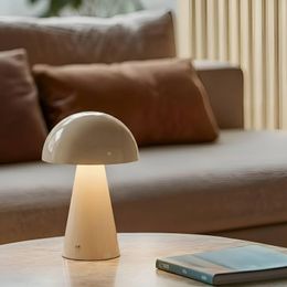 LINDBY LED-Akkutischlampe Nevijo, beige, &Oslash;20cm, USB, Dimmer