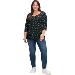 sheego Damen T-Shirt mit Blumenprint und Herzausschnitt schwarz-gemustert Gr&ouml;&szlig;e 40/42