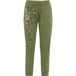 CR&Eacute;ATION L Damen Schlupfhose mit Blumen- und Schmetterlingsdruck vorne khaki Gr&ouml;&szlig;e 40