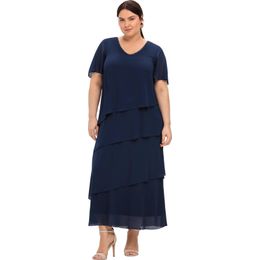 sheego Damen Cocktailkleid im Lagenlook, mit Volants marine Gr&ouml;&szlig;e 58