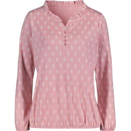 CR&Eacute;ATION L Damen Langarmshirt mit R&uuml;schen hortensie-ecru-bedruckt Gr&ouml;&szlig;e 38