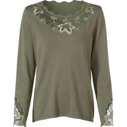 CR&Eacute;ATION L Damen Feinstrickpullover mit besticktem Netzeinsatz khaki-sand-gemustert Gr&ouml;&szlig;e 36