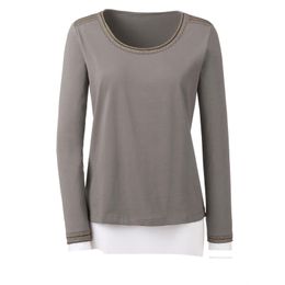 WITT Damen Rundhalsshirt mit Kontrast-Stickerei, taupe, Gr&ouml;&szlig;e 38