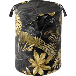W&auml;schekorb Sanilo "Golden Leaves", schwarz (schwarz, gold), B:40cm H:50cm T:40cm &Oslash;:40cm, Polyester, W&auml;schesammler, W&auml;schekorb, kr&auml;ftige Farben, samtweiche Oberfl&auml;che, mit Deckel