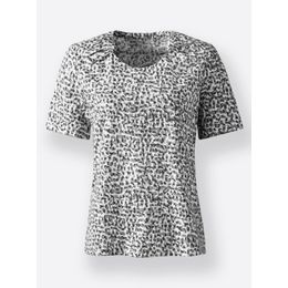 WITT Damen Print-Shirt mit Falten-Verzierung am Ausschnitt, schwarz-bedruckt, Gr&ouml;&szlig;e 40