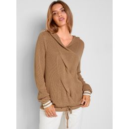 WITT Damen Kapuzenpullover mit gro&szlig;em Zopfmuster, camel, Gr&ouml;&szlig;e 36