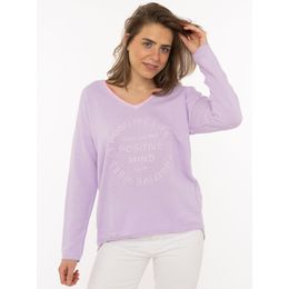 Sweatshirt Zwillingsherz "Positive Mind", Damen, Gr. L/XL, lila, angeraute Sweatware, Obermaterial: 70% Baumwolle, 30% Polyester, normal h&uuml;ftlang, V-Ausschnitt, Sweatshirts Sweatshirt, mit Kontrastnaht in Neonfarbe