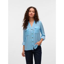 V&eacute;ro Moda Hemdbluse VERO MODA "VMBUMPY L/S SHIRT NEW WVN GA NOOS", Damen, Gr. S, blau (azure blau stripes:snow wei&szlig;), Web, Obermaterial: 100% Viskose, gestreift, regular fit Po-bedeckend, V-Ausschnitt, mit Riegel Manschette, Blusen Hemdbluse, Viskose, regular fit