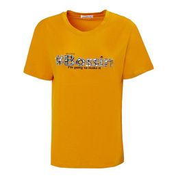 Influencer T-shirt 'Bossing' Damen Gr&ouml;&szlig;e L orange / schwarz / transparent