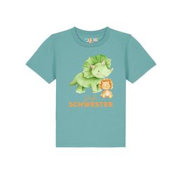 watabout.kids T-Shirt 'Dinosaurier 07 Gro&szlig;e Schwester' Jungen Gr&ouml;&szlig;e 110/116 t&uuml;rkis / hellgr&uuml;n / hellorange