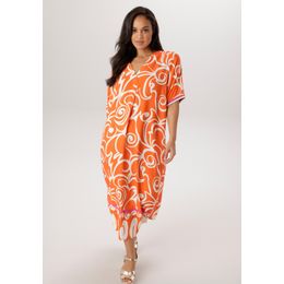 ANISTON PLUS Damen Sommerkleidorange, natur, Gr. 48, bedruckt, gemustert, Web, Obermaterial: 100% Viskose, Kleider, mit extravagantem, grafischen