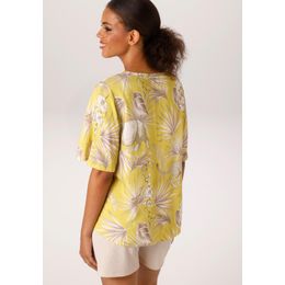Aniston CASUAL Damen Schlupfbluse, gelb, Gr. 40, bedruckt, gebl&uuml;mt, Web, Obermaterial: 100% Viskose, Blusen, mit Bl&auml;ttern, Nash&ouml;rnern und Geparden