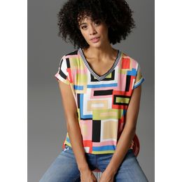 Aniston CASUAL Damen T-Shirt, bunt, Gr. 48, gemustert, gestreift, Cr&ecirc;pe, Obermaterial: 97% Polyester, 3% Elasthan. R&uuml;ckenteil: 95% Viskose, 5%