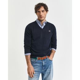 Gant Herren V-Ausschnitt-Pullover "Classic Cotton V-Neck", blau, Basic, Gr. XXL, unifarben, Strick, Obermaterial: 100% Baumwolle, Pullover, Premium