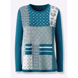 WITT Damen Jacquardpullover in Patch-Optik, topas-aquamarin-gemustert, Gr&ouml;&szlig;e 38
