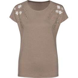 CR&Eacute;ATION L Damen Rundhalsshirt mit Bl&uuml;ten-Applikation und Stickerei sesam Gr&ouml;&szlig;e 40