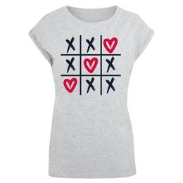 F4NT4STIC T-Shirt 'Valentinstag Herz Tic Tac Toe' Damen Gr&ouml;&szlig;e 5XL graumeliert / rot / schwarz