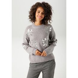 Aniston Casual Damen Aniston CASUAL Strickpullover mit Pailletten verzierte Bl&uuml;ten-Applikationen silber 42