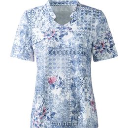 CR&Eacute;ATION L Damen Print-Shirt in Strick-Optik ecru-taubenblau-bedruckt Gr&ouml;&szlig;e 40