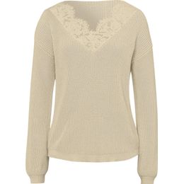 Heine Damen V-Ausschnitt-Pullover mit Spitze sand Gr&ouml;&szlig;e 50