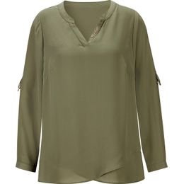 CR&Eacute;ATION L Damen Langarm-Bluse mit offenem V khaki Gr&ouml;&szlig;e 36