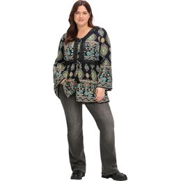 sheego by Joe Browns Damen Longbluse mit Trompeten&auml;rmeln schwarz-gemustert Gr&ouml;&szlig;e 40