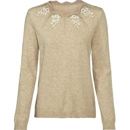 CR&Eacute;ATION L Damen Langarm-Pullover mit Glitzersteinchen beige-meliert Gr&ouml;&szlig;e 40