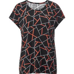 CR&Eacute;ATION L Damen Kurzarmshirt mit grafischem Dessin schwarz-papaya Gr&ouml;&szlig;e 38