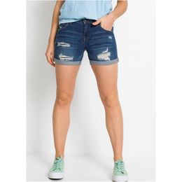 bonprix Jeansshorts Mid Waist mit Destroy- Effekten, blau, mit Baumwolle