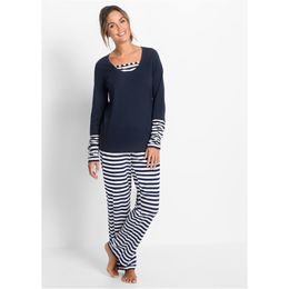 bonprix Pyjama aus reiner Bio-Baumwolle, blau, mit Baumwolle