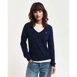 V-Ausschnitt-Pullover Gant "EXTRAFINE LAMBSWOOL V-NECK", Damen, Gr. S, blau (evening blau), Strick, Obermaterial: 90% Wolle, 10% Polyamid, V-Ausschnitt, Rippb&uuml;ndchen, Pullover