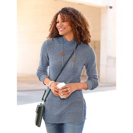 WITT Damen Longpullover mit langen Seitenschlitzen, jeansblau-ecru-meliert, Gr&ouml;&szlig;e 36