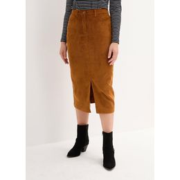 bonprix Stretch-Cord-Rock in Midil&auml;nge, braun, Gr.44, Modischer Cord-Rock mit Schlitz an der Vorderseite und Taschen
