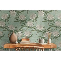 Livingwalls LIVING WALLS Vliestapete "Drawn Into Nature florale Tapete Mustertapete Pflanzen Natur", B/L: 0,53m x 10,05m, Rollen: 1, blau, Wohnzimmer, Tapeten,